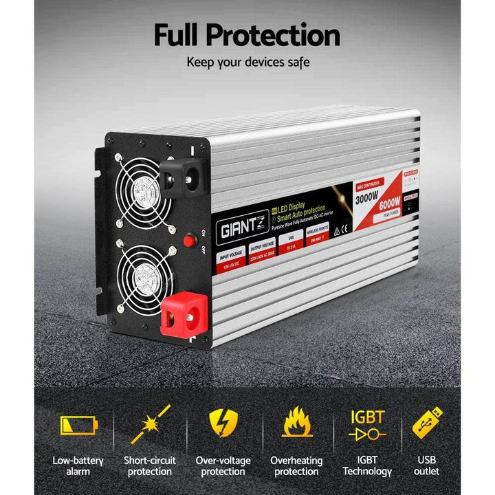 Giantz Power Inverter 3000W or 6000W Pure Sine Wave 12V-240V Camping ...