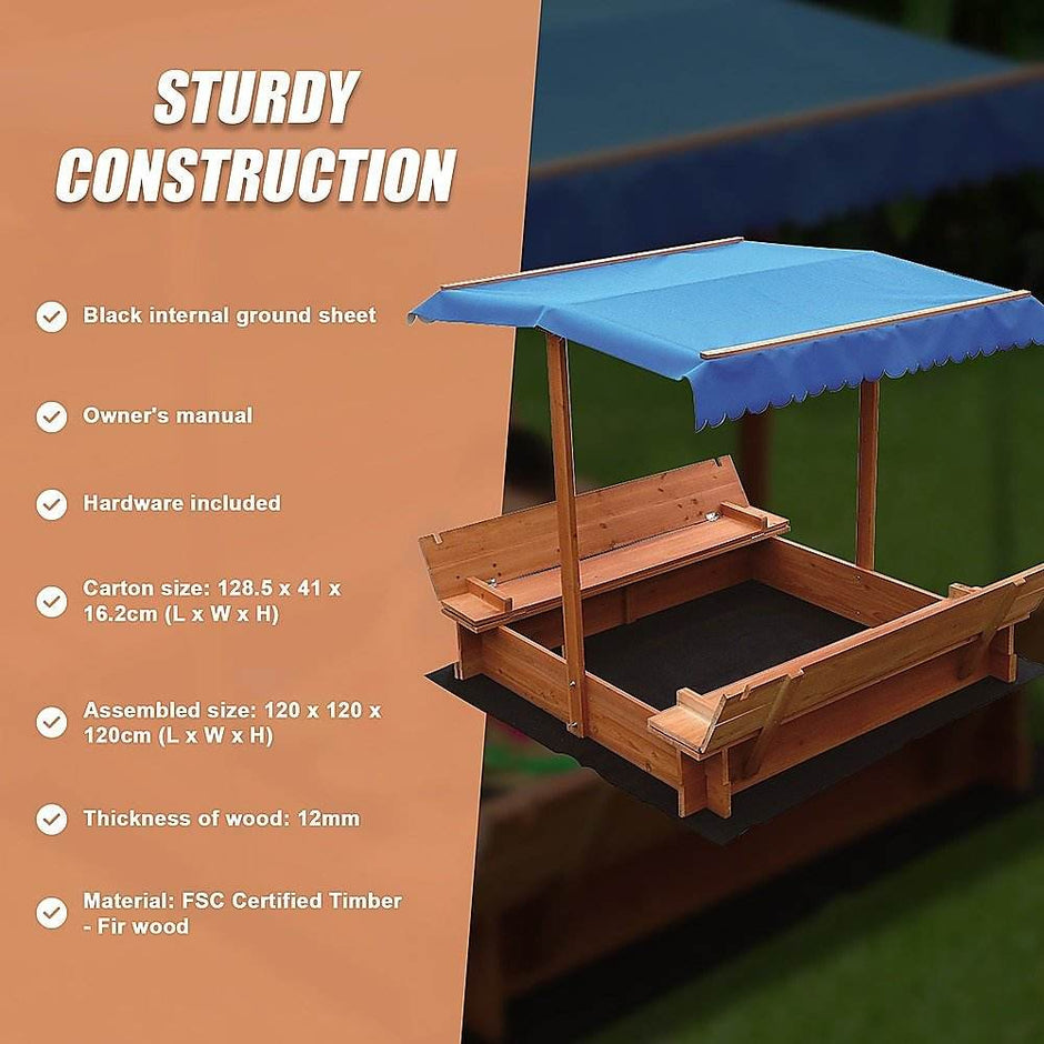 Kids Wooden Toy Sandpit with Canopy - Outdoorium