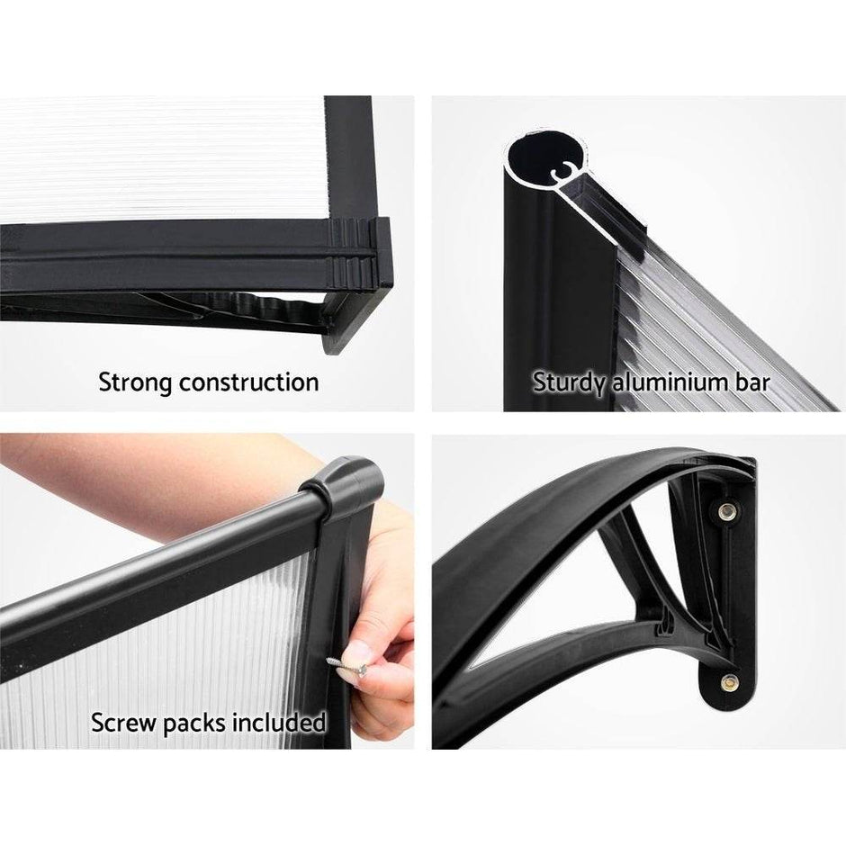 Instahut Window Awning Door Canopy 1m x 4m Transparent Sheet Black ...